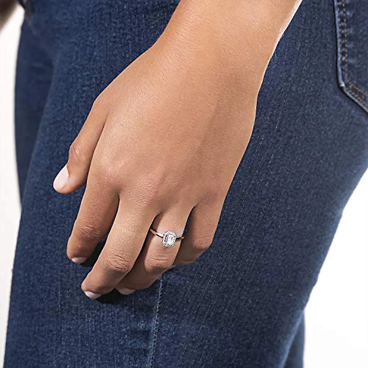 14K White Gold Moissanite by Charles & Colvard 6x4mm Emerald Halo Ring-size 7 0.68cttw DEW