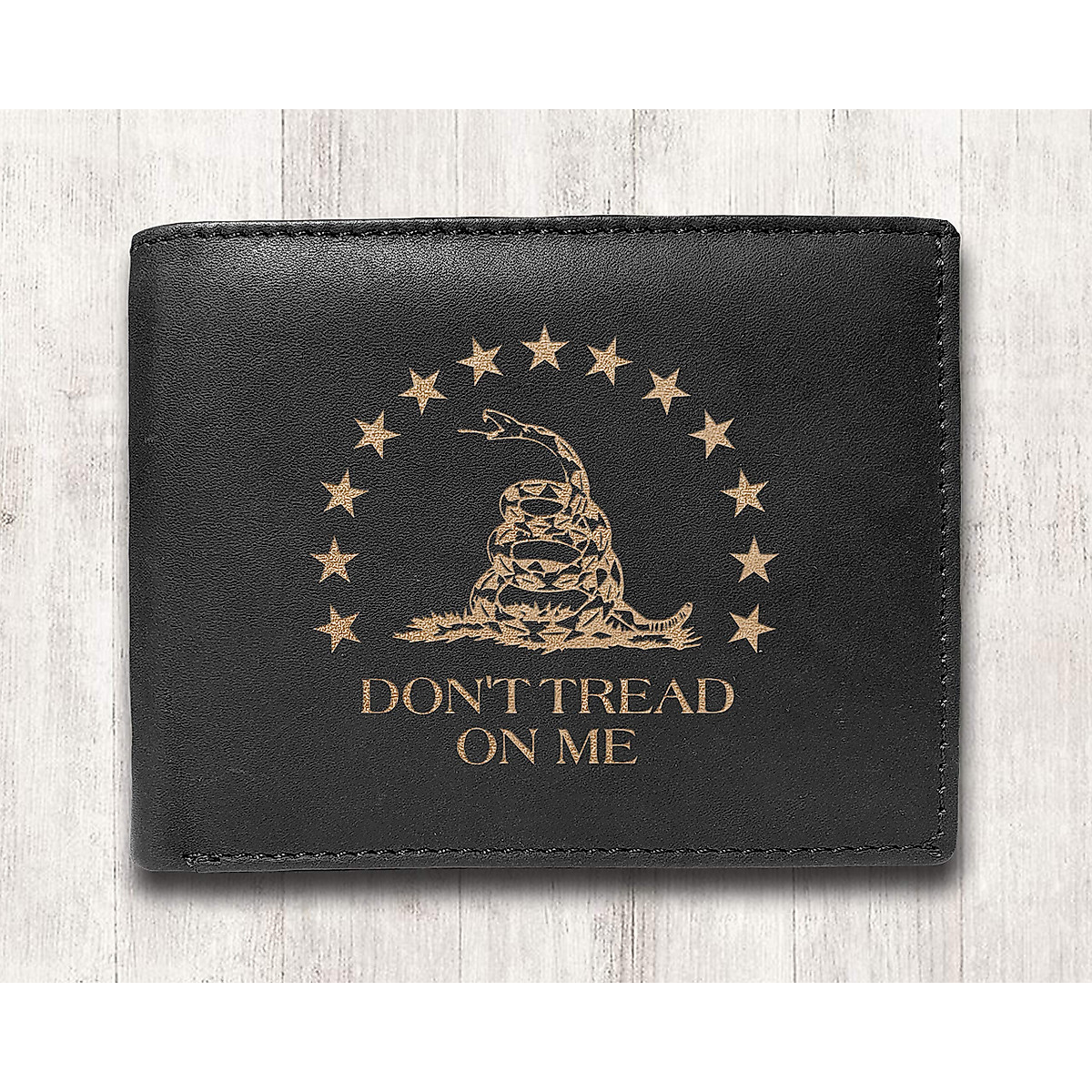 Don't Tread On Me Live Free or Die Cowhide Leather Laser Engraved Engraving Slimfold Mens Large Capacity Luxury Wallet Purse Minimalist Sleek and Slim BLACK Credit Card Holder Organizer 14 Pockets