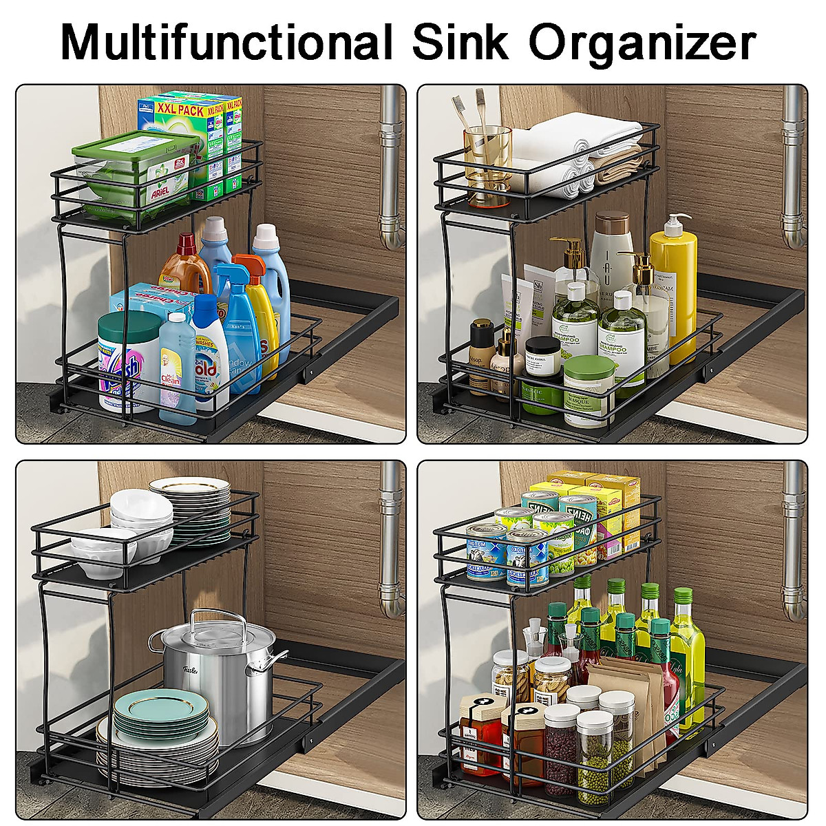 Ronanemon Pull Out Cabinet Organizer, 2-Tier Under Sink Slide Out Kitchen Cabinet Storage Shelves with Sliding Storage Drawer for Cabinet - 11.6W x 15.8D x 13.3H, Least 13" Cabinet Opening