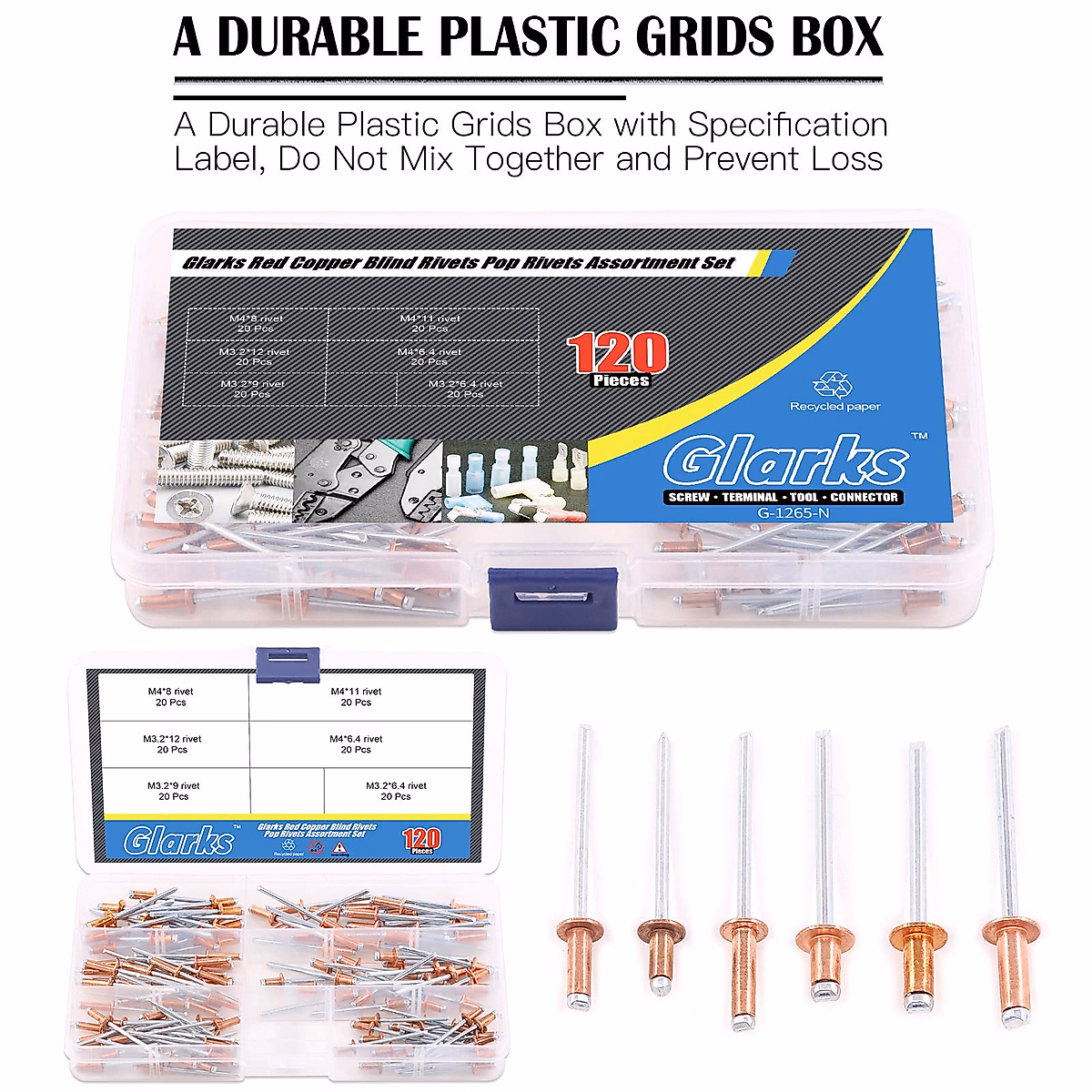 Glarks 120Pcs 6 Size Red Copper Blind Rivets Pop Rivets Assortment Set for Sheet Metal, Automotive, Railway, and Furnitures