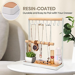 Portin Jewelry Organizer Display Stand Holder with Wooden Ring Tray and Hooks Storage Necklaces Bracelets, Rings, Watches Metal Desk Organizer Stand