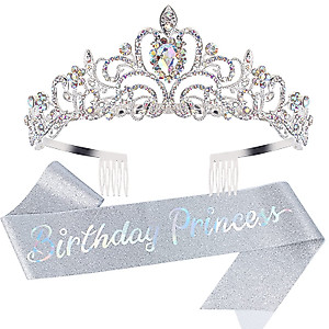 Velscrun Princess Crown, Happy Birthday Girl Tiara, Birthday Princess Sash Crowns for Women, Princess Cake Topper Headband, Birthday Princess Party Decorations Accessories for Girls Gifts