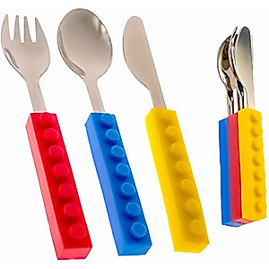 Toddler Utensils and Brick Toys - Set of 3 Interlocking Block Kids Silverware - Toddler Fork and Spoon Set with Toddler Knife for Kids - Non-BPA Kids Cutlery and Kid Safe Stainless Steel Silverware
