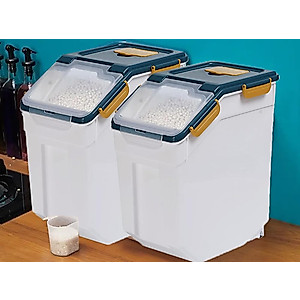 YXQ 25LB Large Flour Storage Container Bin ,2 Pack Airtight Plastic with Wheels Seal Locking Lid Dispenser Organizer Storage Bin with Measuring Cup & Scoop for Flour, Rice, Grain 50LBS Total