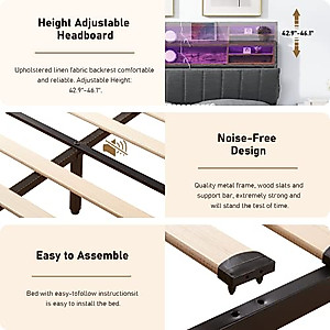 Alohappy Full Size Bed Frame with 2 Storage Drawers, LED Bed Frame with Charging Station and Adjustable Bookcase Headboard, Upholstered Mattress Foundation, No Box Spring Needed, Dark Grey