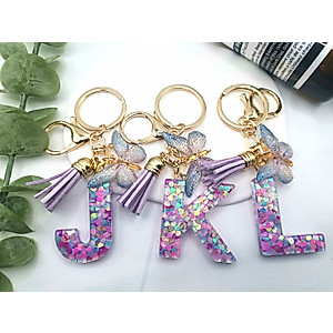Meefisher Purple-Blue Resin Alphabet Initial Letter Bulk A-Z Keychain Tassel Butterfly Pendant Bag Charms Key Ring for Backpack Purse Wallet Handbags Car Keys Women Girl,Pink Cute,S
