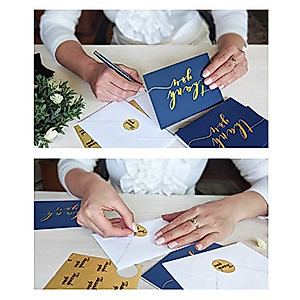 100 Thank You Cards in Navy Blue with Envelopes and Stickers - Bulk Notes Embossed with Gold Foil Letters for Weddings, Graduations, Engagements, Business, Formal, 4x6 Inch