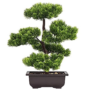 Rozwkeo Artificial Bonsai Tree Fake Plant Decoration Potted Tree Small Faux House Plants Plastic Japanese Pine for Home Indoor Office Fairy Garden Windowsill Desktop Display Zen Decor