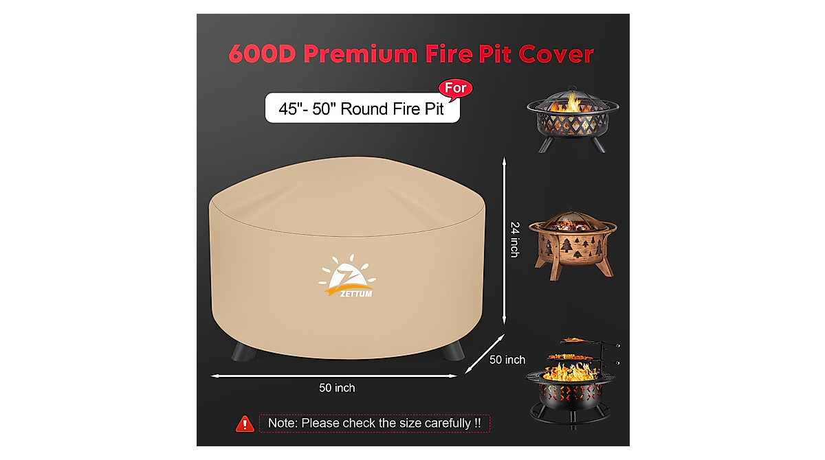 Zettum 50 Inch Fire Pit Cover Waterproof Heavy Duty Outdoor Cover