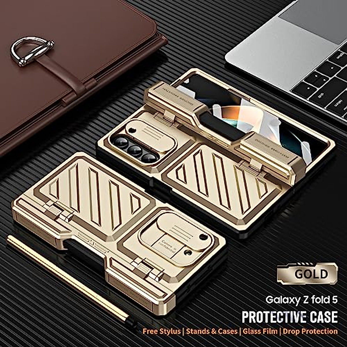 PUROOM for Samsung Galaxy Z Fold 5 Hinge Coverage Protective Case Pen Box & Kickstand, Slide Camera Lens Cover, Screen Protector Full Body Shockproof Case (Gold)