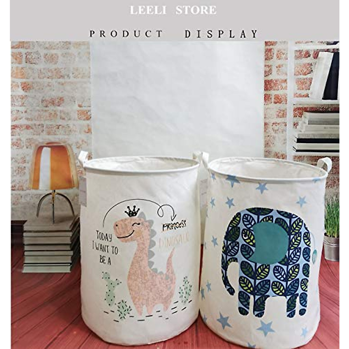 LEELI Laundry Hamper with Handles Collapsible Canvas Laundry Basket,Waterproof Storage Basket Home Organizer for Nursery,Clothes,Toys,Baby Hamper19.7×15.7(pink dinosaur)