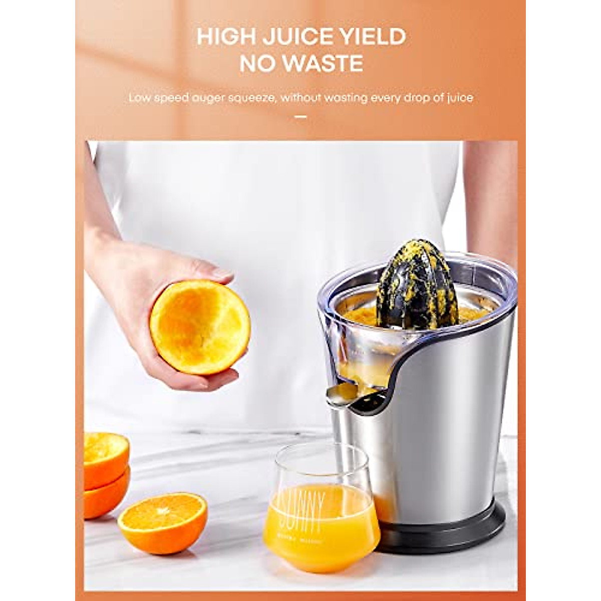 FOHERE Orange Juice Squeezer Electric Citrus Juicer with Two Interchangeable Cones Suitable for orange, lemon and Grapefruit, Brushed Stainless Steel