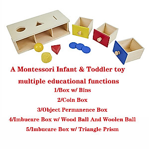Kghios Montessori Box w/Bins Coin Box Object Permanence Box with Drawer Imbucare Box w/Ball 4 in 1 Montessori Infant Toys for Toddlers Materials for 6-12 Month Babies Infant 1-2 Year Toddlers Toys