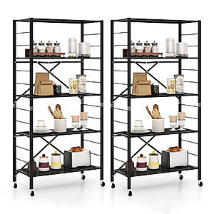 Giantex 5-Tier Folding Bookshelf with Wheels of 2, 60" Tall Foldable Black Metal Shelves for Storage, Freestanding Open Shelving Storage, Easy Assembly Bookcase Display Shelving Rack, Black