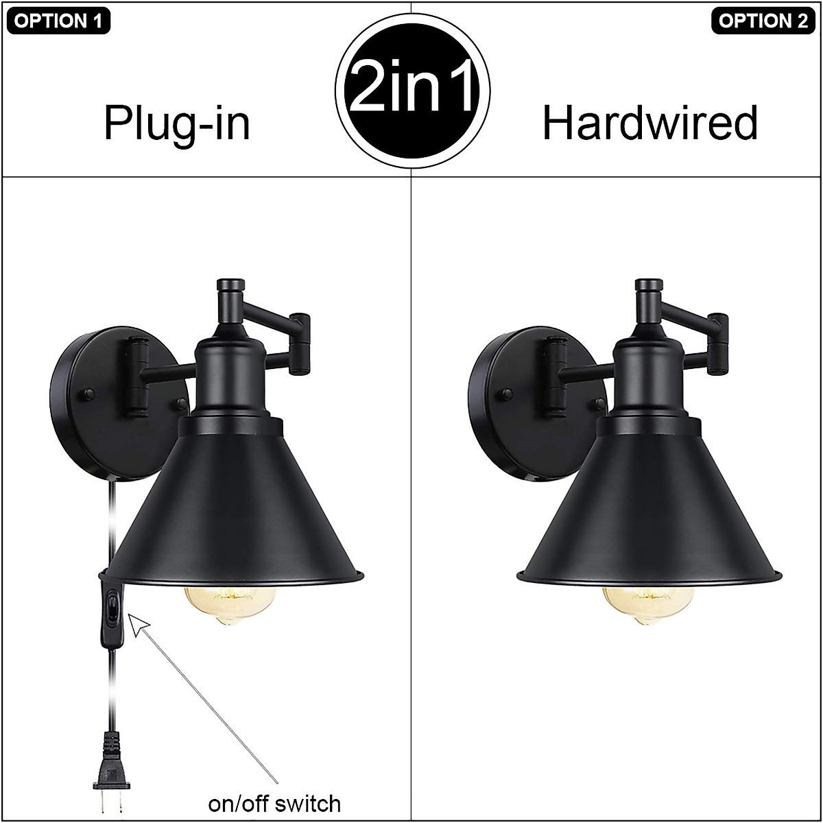 IC INSTANT COACH, Swing Arm Wall Light Fixtures Wall Light Plug-in Cord with On Off Switch on Cord Industrial Wall Sconce Black Finish (2 Lights)