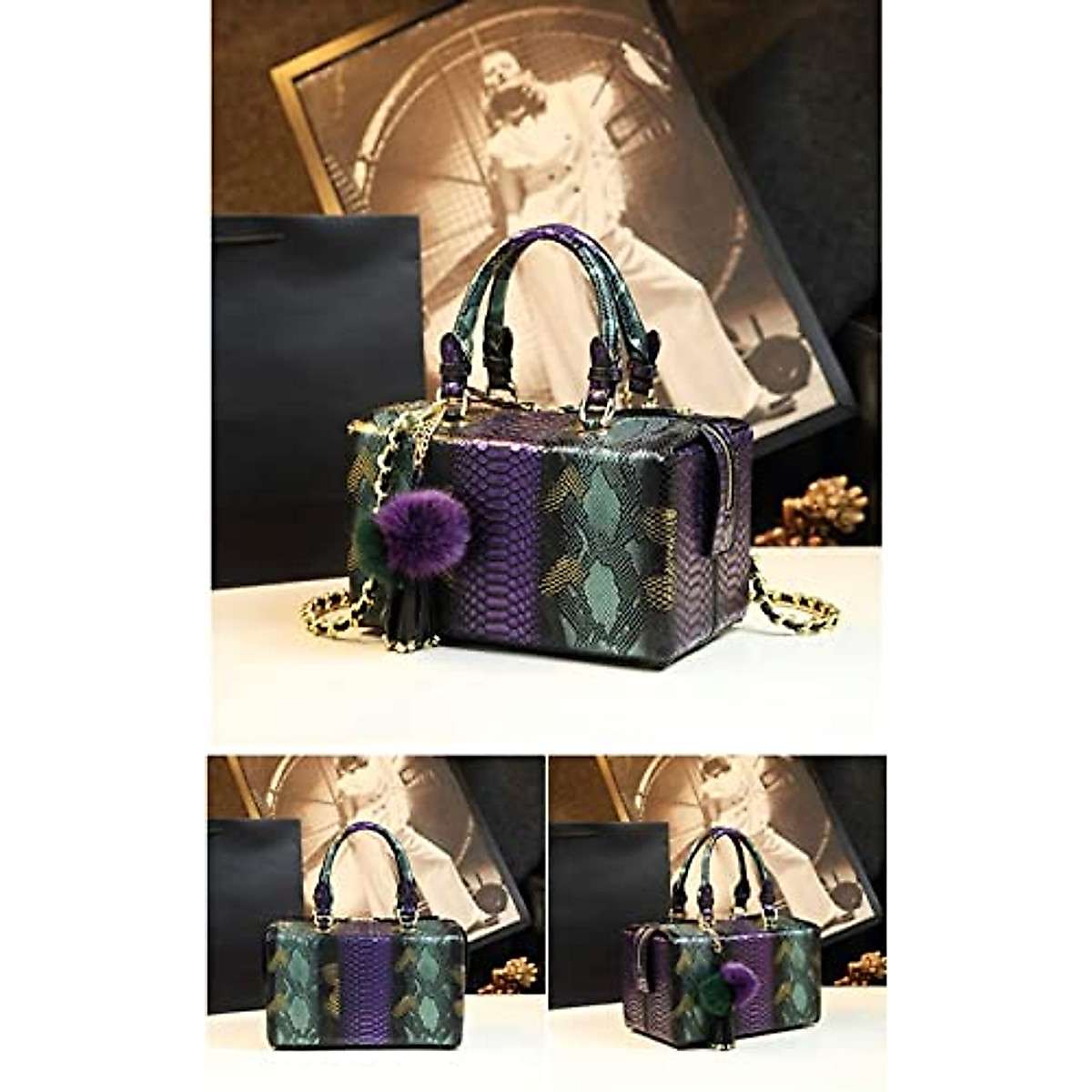 Shirt Luv Genuine Leather Women's Snake Pattern Handbags Chain Shoulder Crossbody Purses Box Top Handle Satchel Bags (Purple)