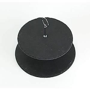 Two-Tier Round Slate Stone and Chromed Metal Country Farmhouse Serving Tray Kitchen Décor 11.75 Inch Diameter