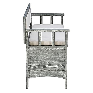 Linon Weathered Grey Carlton Storage Bench with Beige Upholstered Back and Cushioned Seat