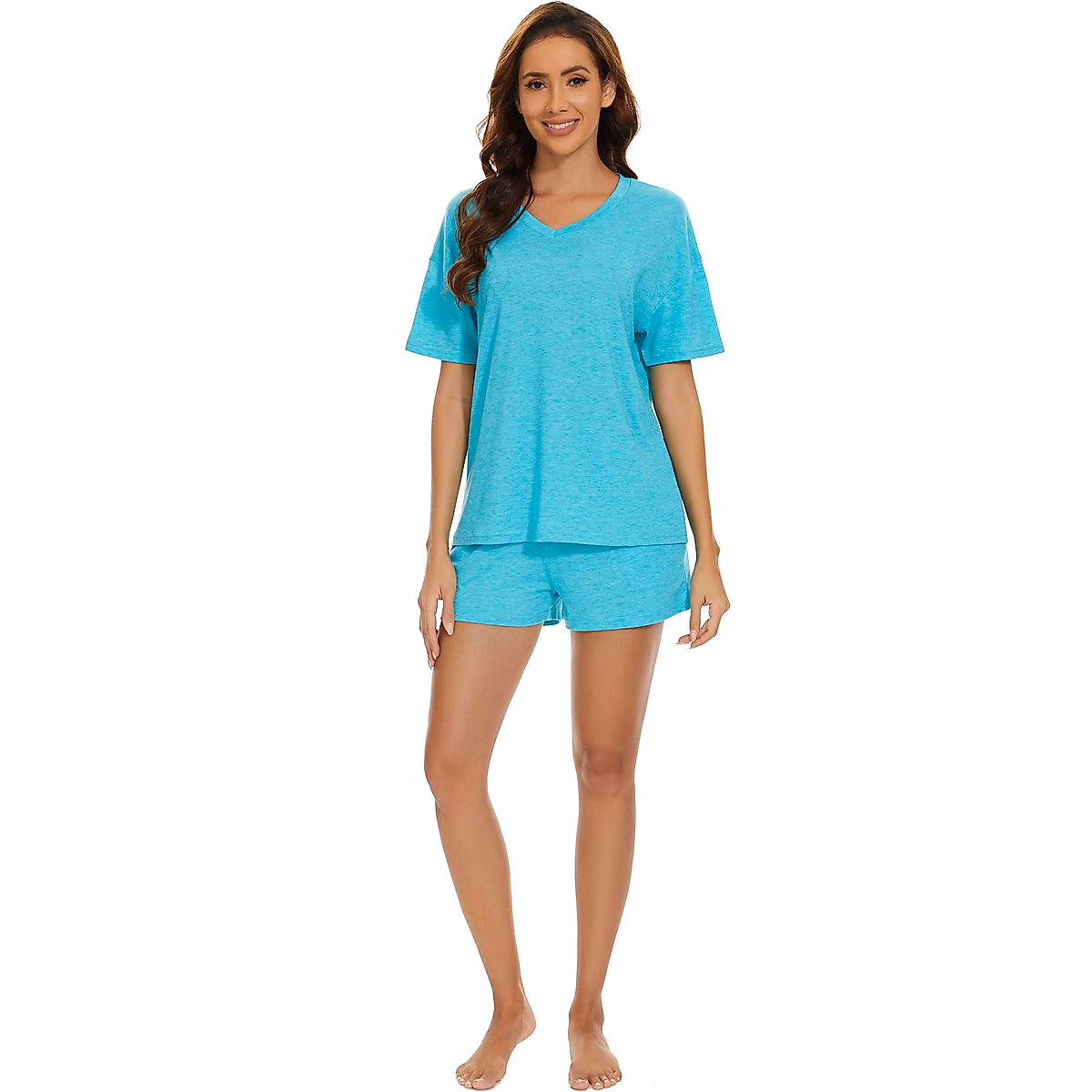 LOCUBE Women's Pajama Sets Short Sleeve Lounge Set Soft Comfy Stretch Casual Pj V-Neck Shirt and Shorts with Pocket (Aqua, X-Large)
