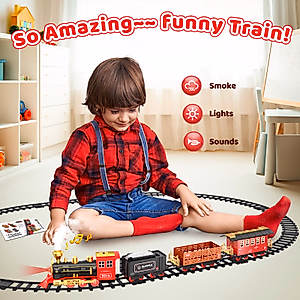 Hot Bee Train Set - Train Toys for Boys w/Smokes, Lights & Sound, Toy Train w/Steam Locomotive, Train Carriages & Tracks, Toddler Model Trains for 3 4 5 6 7 8+ Years Old Kids Birthday Gifts