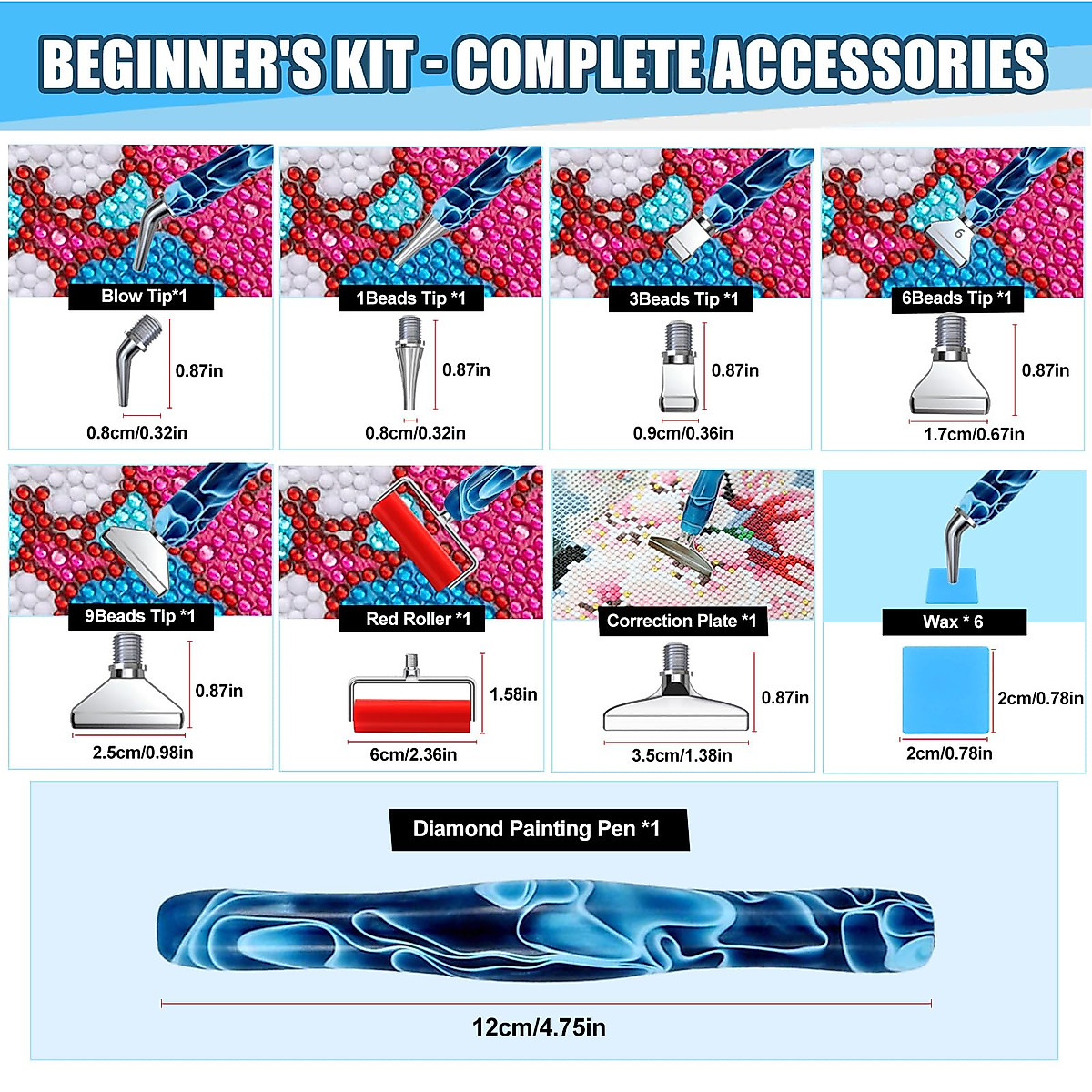 14PCS Diamond Painting Pen Accessories Tools Set, Exquisite Stainless Steel Metal Pen Tips,Ergonomic Diamond Art Drill Pen and 6 Painting Glue Clay,Comfort Grip and Faster Drilling (Blue Silver)