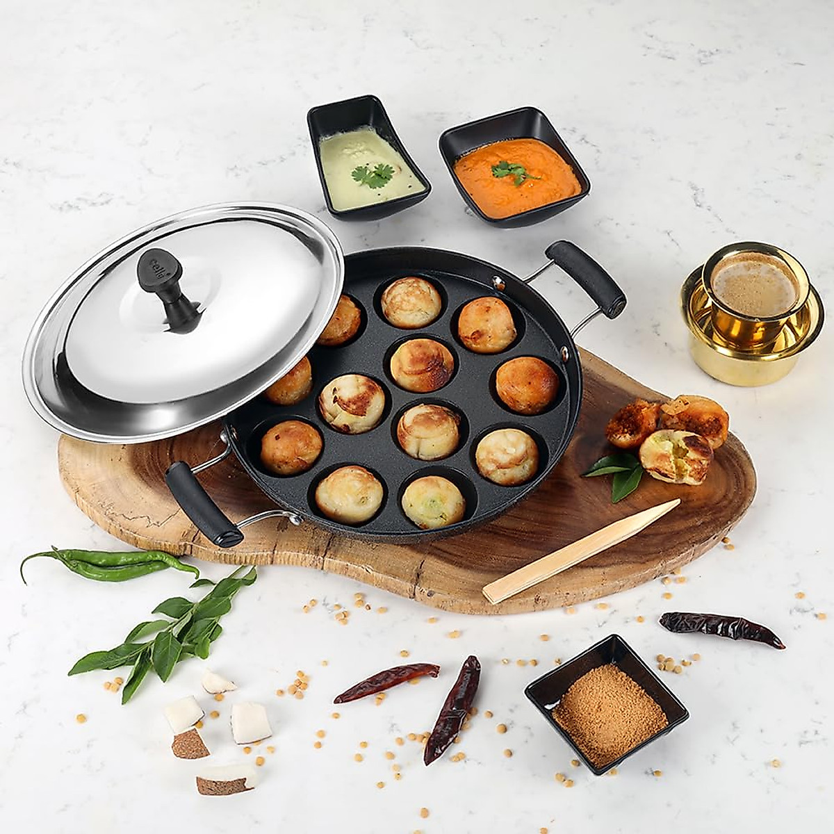 Cello Non-Stick 12 Cavity Appam Patra 2 Side Handle with Stainless Steel Lid