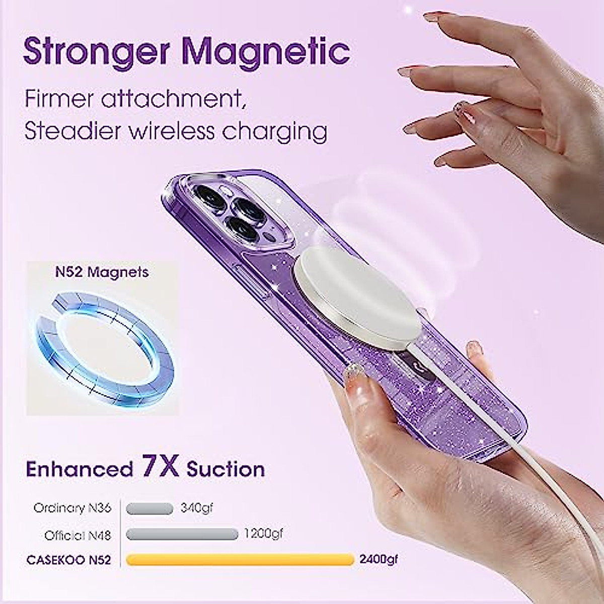 CASEKOO Genuine Official for iPhone 14 Pro Case with Magnetic Ring Stand [Compatible with MagSafe] [16FT Military-Grade Protection] Shockproof Twinkle Star Phone Grip Cover 6.1'', Sparkle Purple