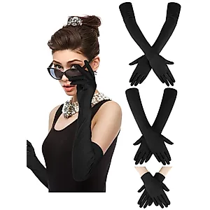 Zhanmai 3 Pairs 20s Satin Gloves Dress Gloves Costume Stretchy Long 1920s Opera Gloves for Women Banquet Bridal Wedding(Black)