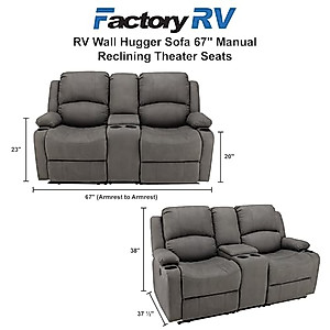 Camper Comfort 67" Wall Hugger Reclining | RV Theater Seats | Double Recliner RV Sofa & Console | RV Couch | RV Theater Seating | RV Furniture (Manual, Slate)