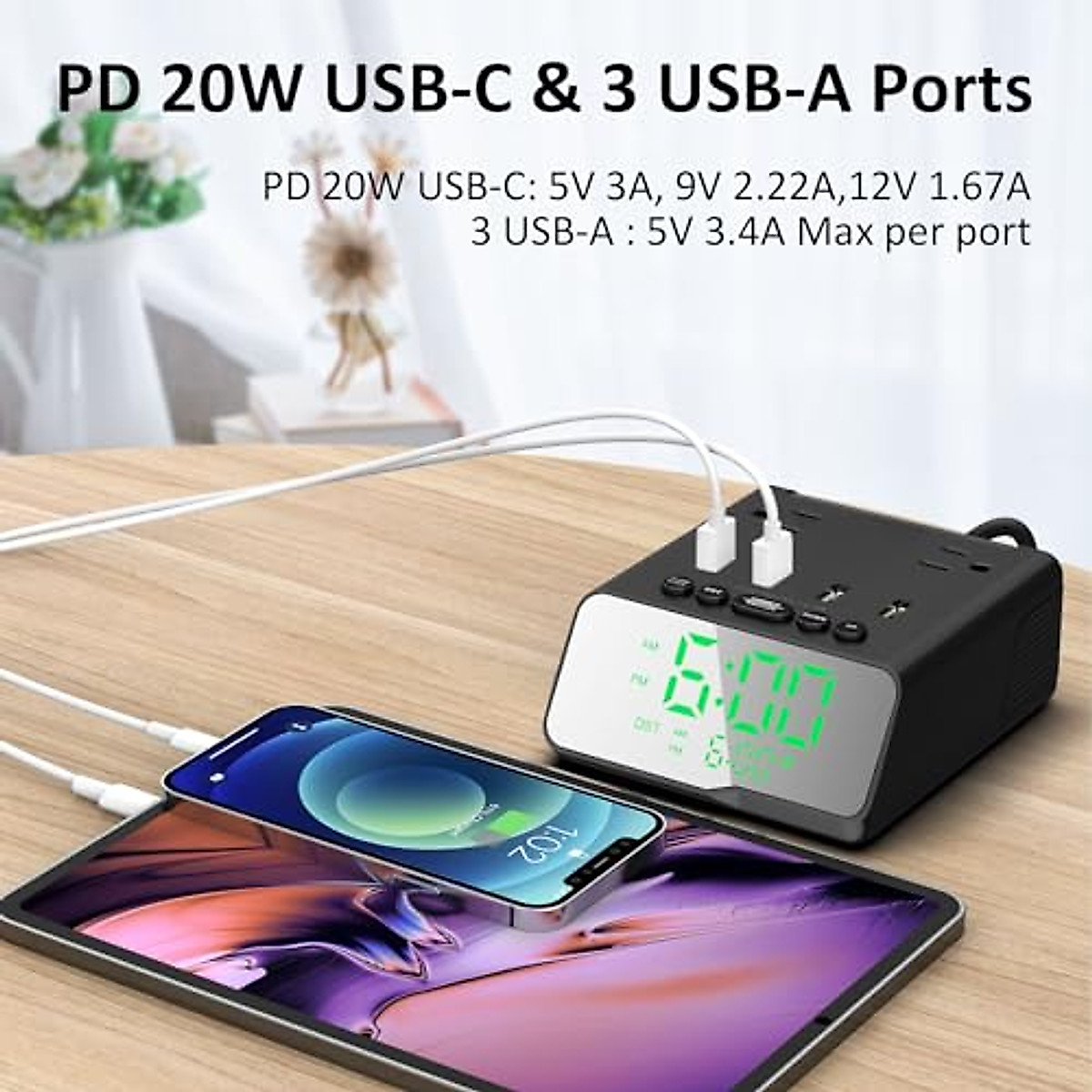 Electronic Alarm Clock with USB Charger Power Strip, 6FT Power Cord Alarm Clock Charging Station with 4 USB Ports and 2 Outlets for Bedside, Home, Hotel (Adjustable Brightness, ON/Off Switch)