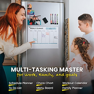 Magnetic Weekly Dry Erase Board Calendar Whiteboard- Latest Premium Nano Technology Stops Stains- 17x12” Whiteboard Calendar for Fridge- 4 Fine Tip Markers and Large Eraser- Weekly Planner White Board