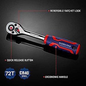 WORKPRO 3-Piece Ratchet Set, 1/4", 3/8", 1/2" Quick-Release Reversible 72-Tooth Drive Socket Wrench