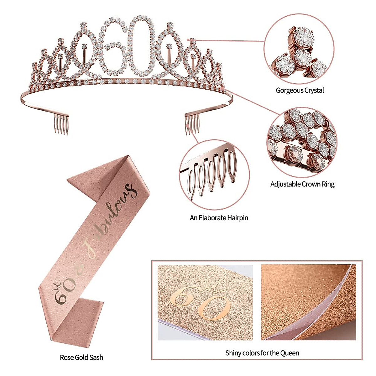 60th Birthday Gifts Decorations for Women - Birthday Cake Topper, Balloons, Birthday Queen Sash with Pearl Pin, Tiara Crown and Candle Set, Rose Gold, Rose Gold (60th)