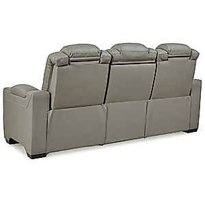 Signature Design by Ashley Backtrack Contemporary Tufted Leather Power Reclining Sofa with Adjustable Headrest, Light Gray