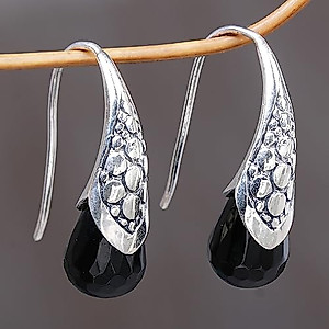 NOVICA Artisan Handcrafted Black Onyx Drop Earrings In Sterling Silver | Chalcedony Drop Earrings | French Wire Drop Earrings | Stone Dangle Drop Earrings | Black Agate Earrings | Onyx Dangle Earrings