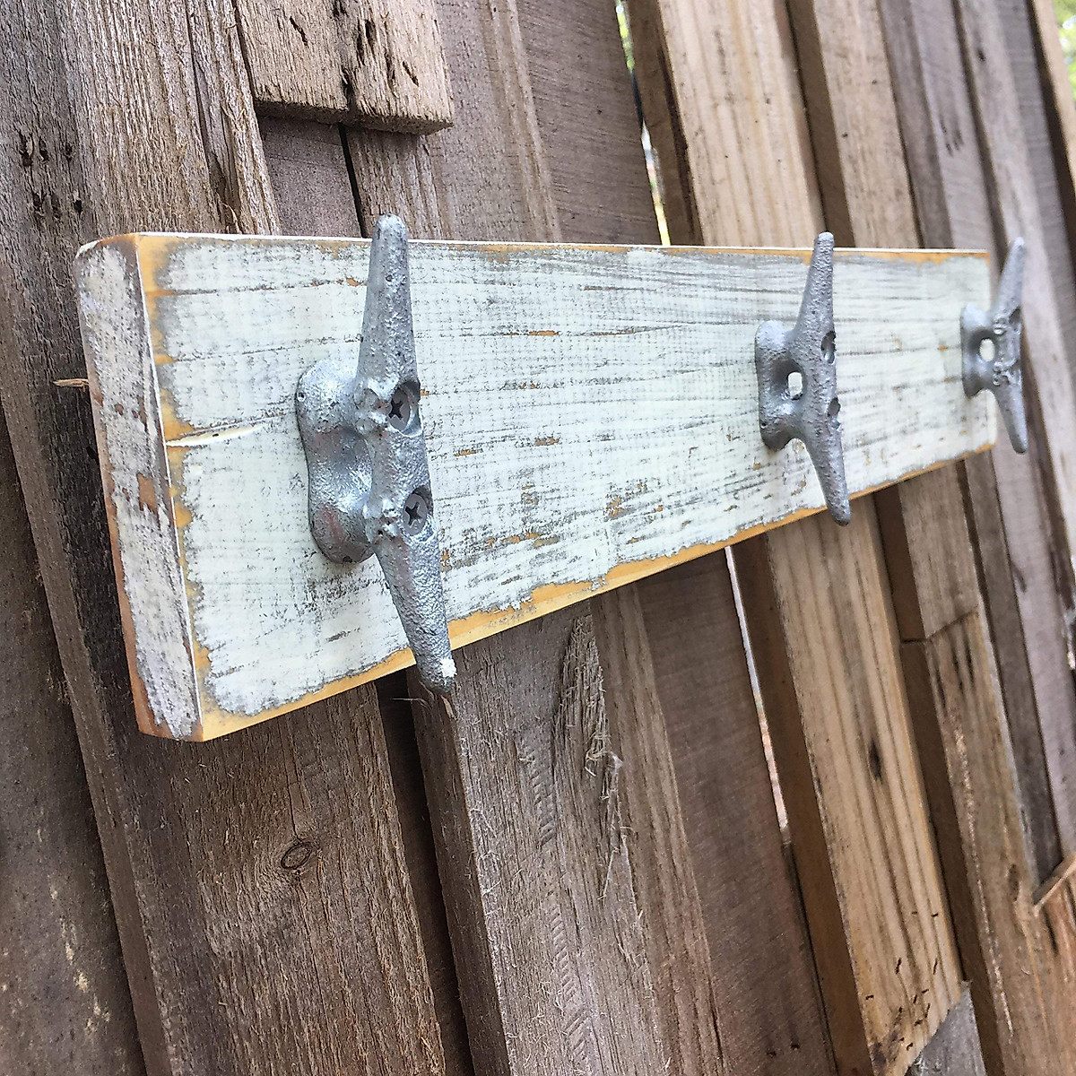 Nautical Distressed White over Gray Boat Cleat Coat Rack, Towel Rack, Hat Rack, Book Bag Rack, or Key Rack