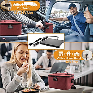 Aotto Electric Lunch Box Food Heater - 12V/24V/110V 3-in-1 Portable Oven & Food Warmer, Heated Lunch Box for Adults, Cook, Reheat, Keep Meals Warm for Car, Truck, Office, Travel, Home - Red
