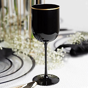EcoQuality Plastic Black Wine Glasses with Gold Rim - 12 oz Wine Cups with Stem, Disposable Shatterproof Wine Goblets, Reusable, Elegant Drink Cups Tumbler for Weddings, Parties, Receptions (2 PACK)