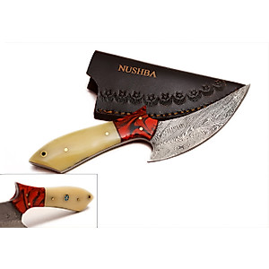 NUSHBA 017 Handmade Fixed Blade Hunting Skinner Knife, Damascus Steel Blade, Camal Bone Handle -Best Hunting Knife with Cow Brown Leather Sheath