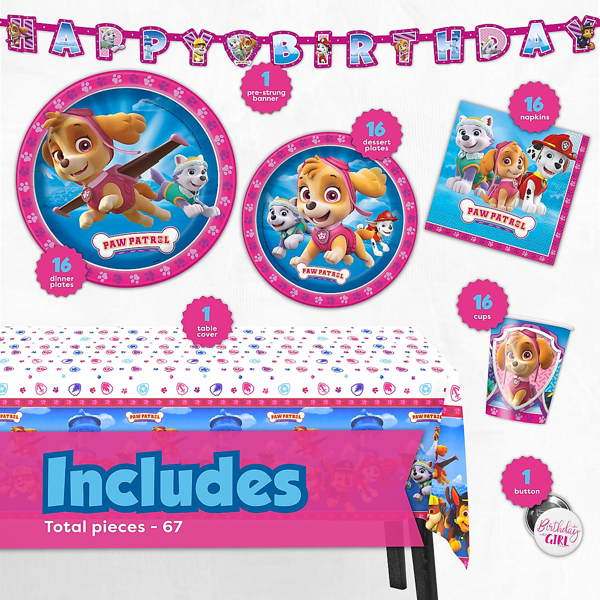 Pink Skye Paw Patrol Party Supplies and Decorations for Girls Birthday Party, Features Skye and Everest, Serves 16 Guests, Includes Tableware and Decor with Table Cover, Banner, Plates, Napkins & More