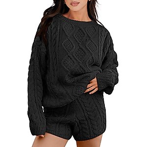 ANRABESS Women 2 Piece Outfits Sweater Lounge Loungewear Sets Fall Cable Knit Oversized Sweaters Short Pants Matching Sets Black Small