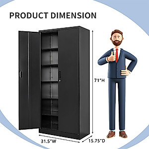 YEEZER Metal Storage Cabinet 71” with 2 Doors and 5 Adjustable Shelves, Garage Steel Locking Cabinet, Tall Cabinets Lockable File Cabinet for Home, Office, Garage, Gym, School. (Black)