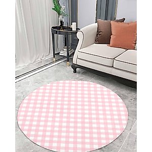 Pink Lattice Fluffy Round Area Rug Carpets 3ft, Plush Shaggy Carpet Soft Circular Rugs, Non-Slip Fuzzy Accent Floor Mat for Living Room Bedroom Nursery Home Decor Farmhouse Buffalo Plaid Checkered