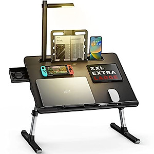 Laptop Bed Tray Desk with LED Desk Light, SAIJI Adjustable Laptop Stand for Bed, XX-Large PVC Leather Foldable Laptop Table with Book Stand, School Supplies for High School College Students (Black)