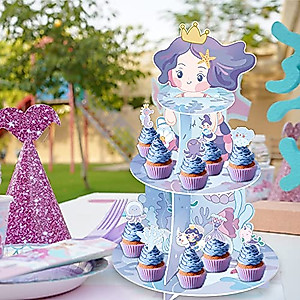 HPMNS Mermaid Cupcake Stand 24 pcs Cupcake Toppers for Mermaid Birthday Party Decorations Favors Supplies 3 Tier Mermaid Cupcake Tower Holder Mermaid Baby Shower Decorations
