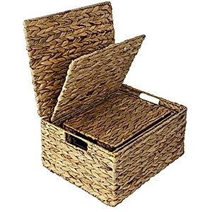 Set of 3 Pack Nesting Storage Baskets with Lids and Insert Handles for Home Organization | Small Closet Wicker Lidded Baskets for Shelves | Straw Wire Woven Storage Baskets with Lids (Water Hyacinth)