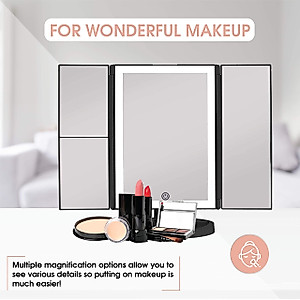 Beautyworks Backlit Makeup Vanity Mirror 36 LED Lights Touch-Screen Light Control, Tri-Fold 1/2/3X Magnification, Portable High-Definition Cosmetic Magnifying Personal Makeup Mirrors (Midnight Black)