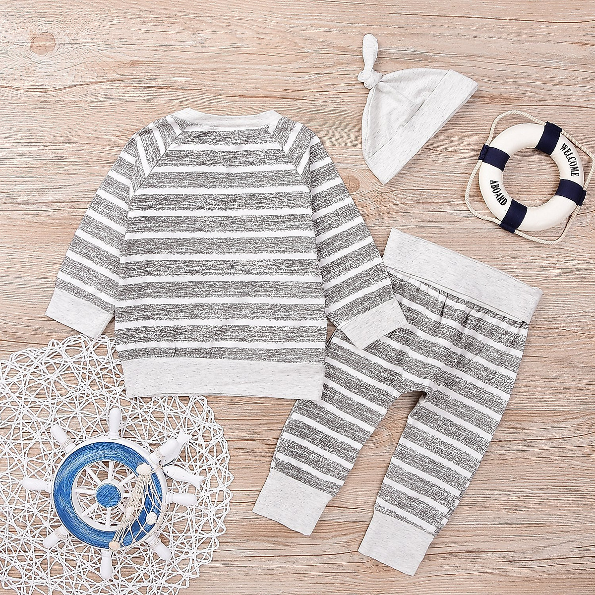 Besokuse Newborn Baby Boys Girls Hooded Sweatshirt T-shirt Tops+Striped Pants Kids Outfits Clothes Set (Grey Stripe, 0-3Months)