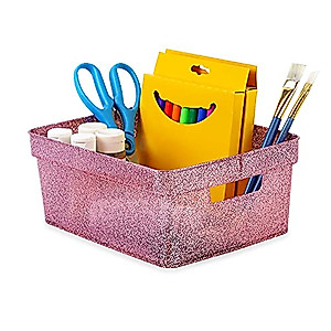 Isaac Jacobs Small Glitter Storage Bin (10” x 7.5” x 4.25”) Set w/Cut-Out Handles, Plastic Organizer, Multi-Functional, Home Storage Solution, Kids Playroom, Bedroom, Closet (4, Pink)