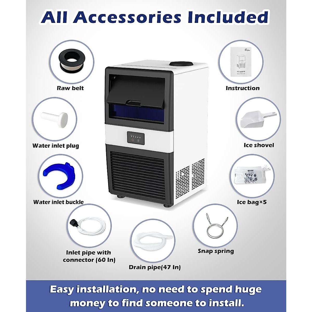 Commercial Ice Maker Machine, 70 LBS/24H Under Counter Large Ice Machine w/ 10 LBS Capacity Ice Storage Bin, 2 Water Inlet Modes, Freestanding & Built in Ice Maker for Bar/Home/Office/Shop, White